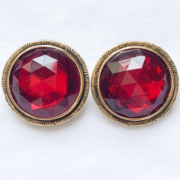 Jewelry | Geometric Red Round Clip On Earrings Gold Tone | Poshmark